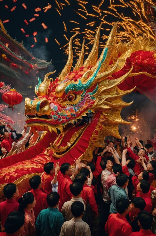 Spectacular Golden Dragon Parade at Night with Fireworks Stock ...