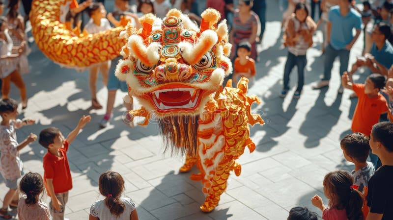 A Vibrant Dragon Dance with Performers Under a Golden Dragon Costume ...