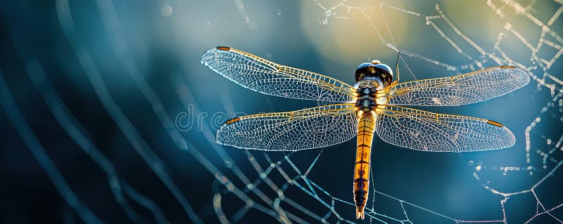 Vivid Close-up of a Dragonfly Caught in a Spider Web with Dew Drops ...