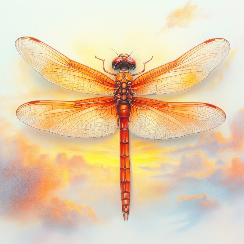 Vibrant Dragonfly with Translucent Wings Against Soft Sunset Background ...