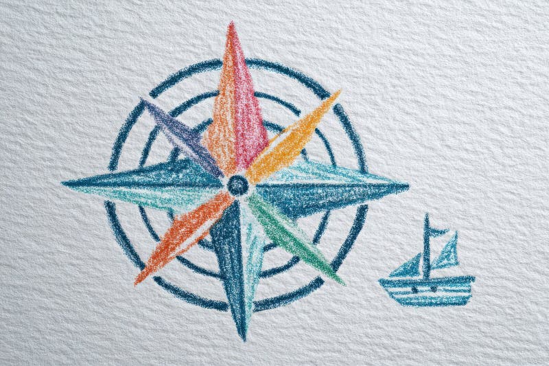 Colorful Drawing of a Compass and Sailboat on Textured Paper Depicting ...