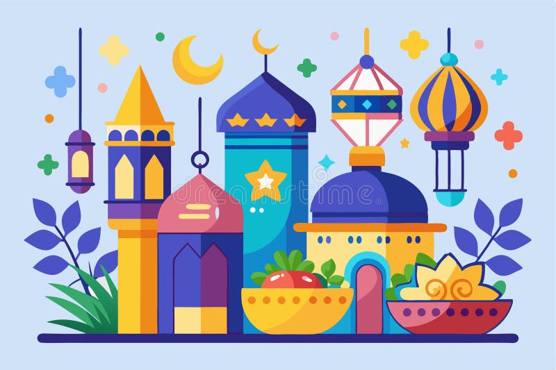 A Vibrant Drawing Showcases Decorative Elements for Ramadan, Including ...
