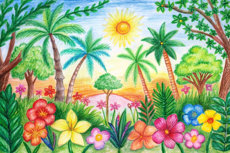 Tropical Forest Drawing stock illustration. Illustration of youngartist ...