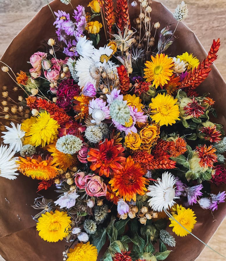 Vibrant Dried Flower Arrangement in Red and Yellow Stock Image - Image ...