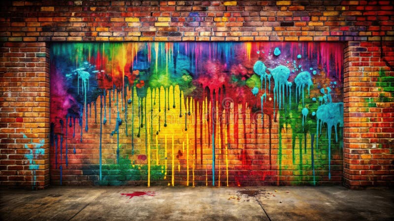 Vibrant Dripping Paint Mural on a Brick Wall Background. Generative AI ...