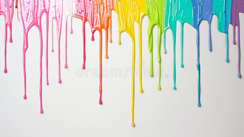Vibrant Dripping Rainbow Paint on White Background in Abstract Design ...