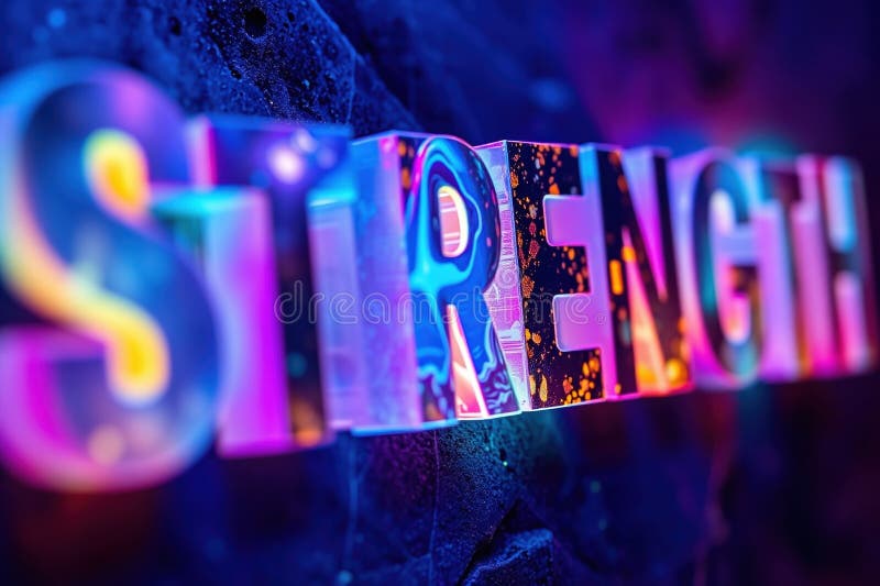 Vibrant Neon 3D Typography of Strength with Glowing Letters on a ...