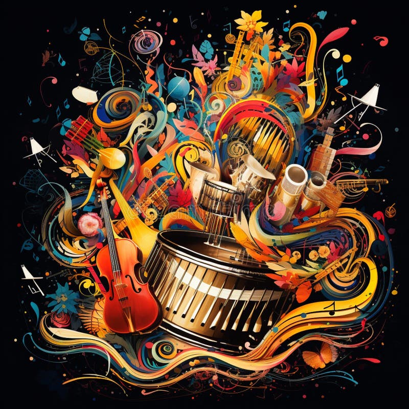 Vibrant and Dynamic Digital Collage of Musical Instruments in Motion ...