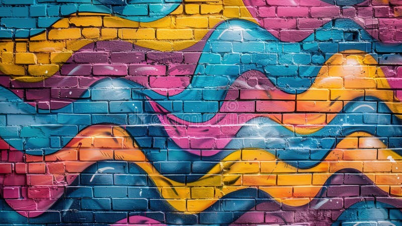 Colorful Graffiti Waves on Brick Wall in Urban Setting Stock ...