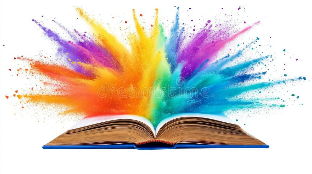 A Vibrant and Dynamic Illustration of an Open Book, Exploding with a ...