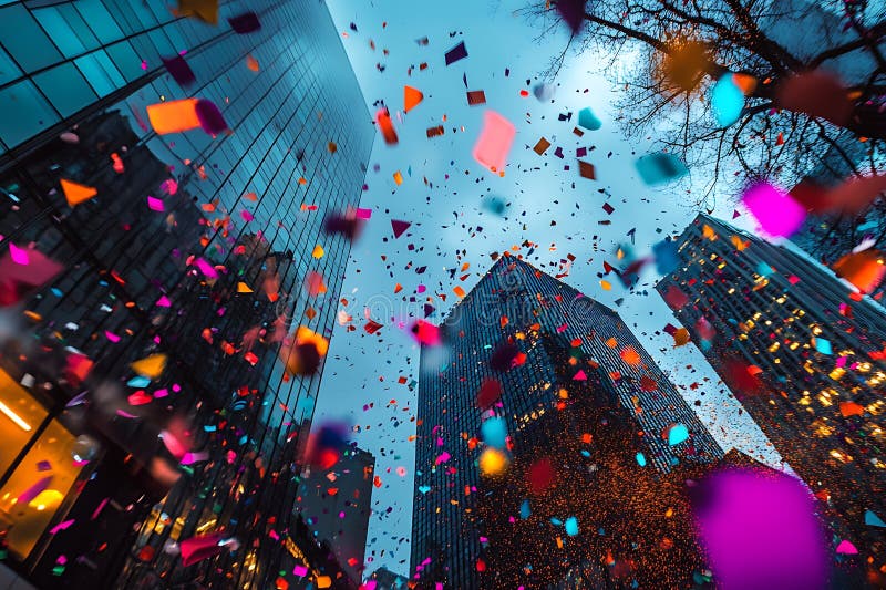 A Vibrant Dynamic Image of Confetti Raining Down between Modern City ...