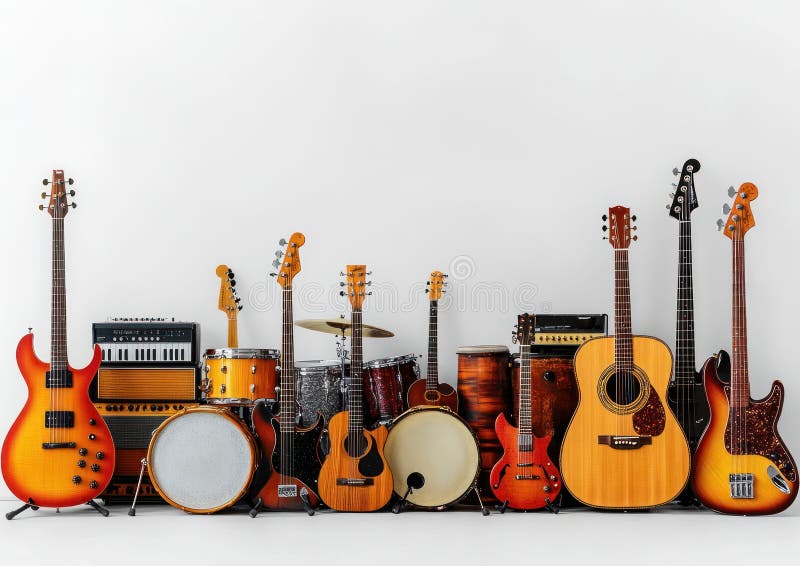 Assorted Musical Instruments Collage on White Background - Guitar and ...