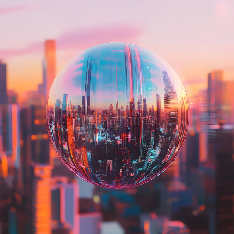 Holographic Sphere with 3D Shapes Reflecting Cityscape at Sunset Stock ...
