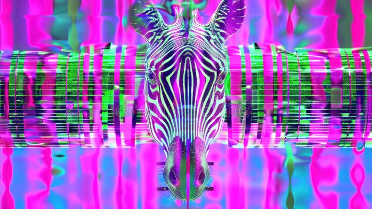 Psychedelic Zebra Motion: Abstract Retro Cyberpunk Futuristic Design with Distorted Glitch ...