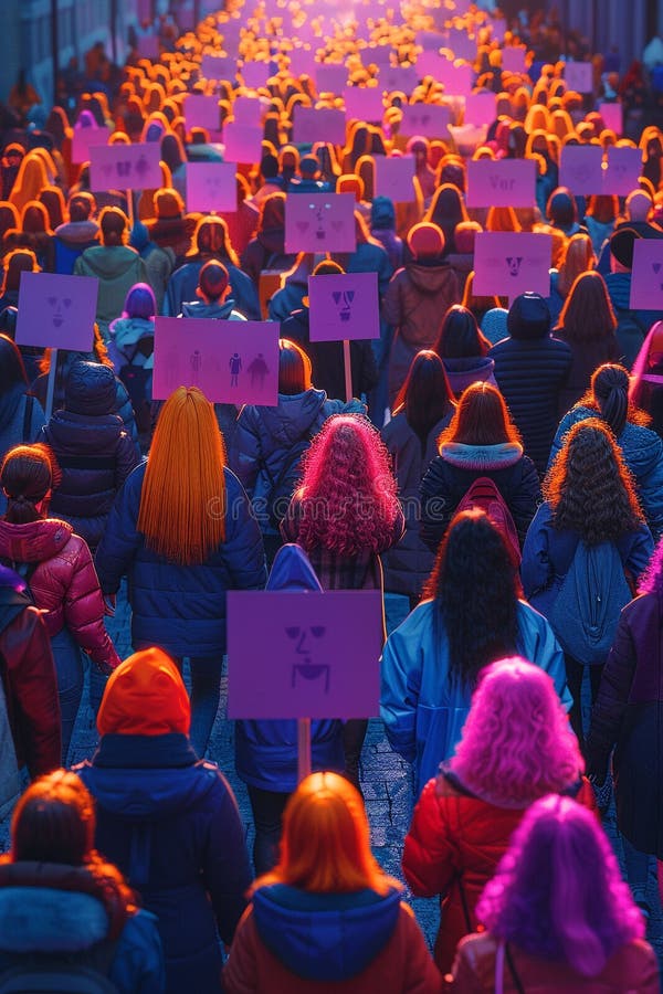 Large Group of People Marching with Signs in Vibrant Colors Stock ...