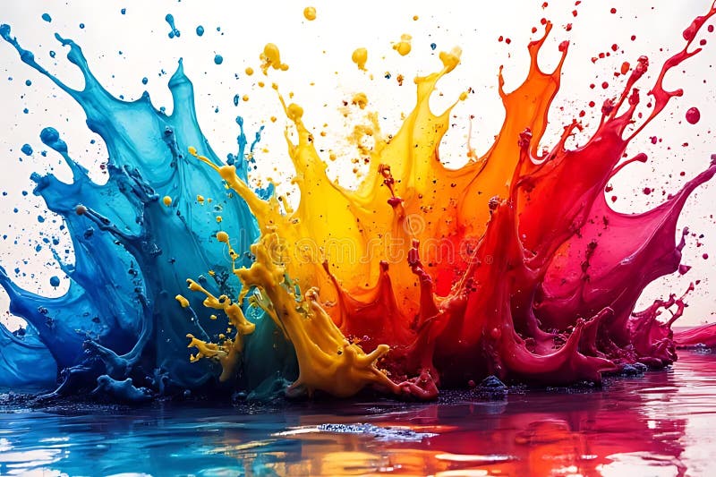 Vibrant, Dynamic Splash of Blue, Yellow, and Red Paint Against White ...