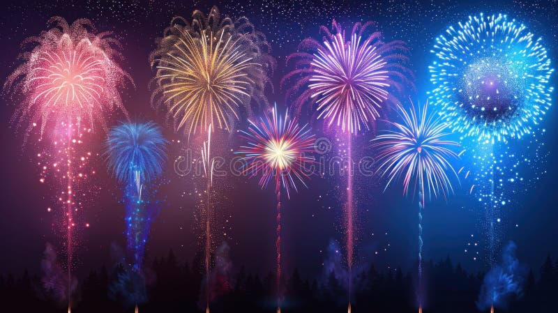 Colorful Vector Fireworks Set on Black Background - Eight Isolated ...