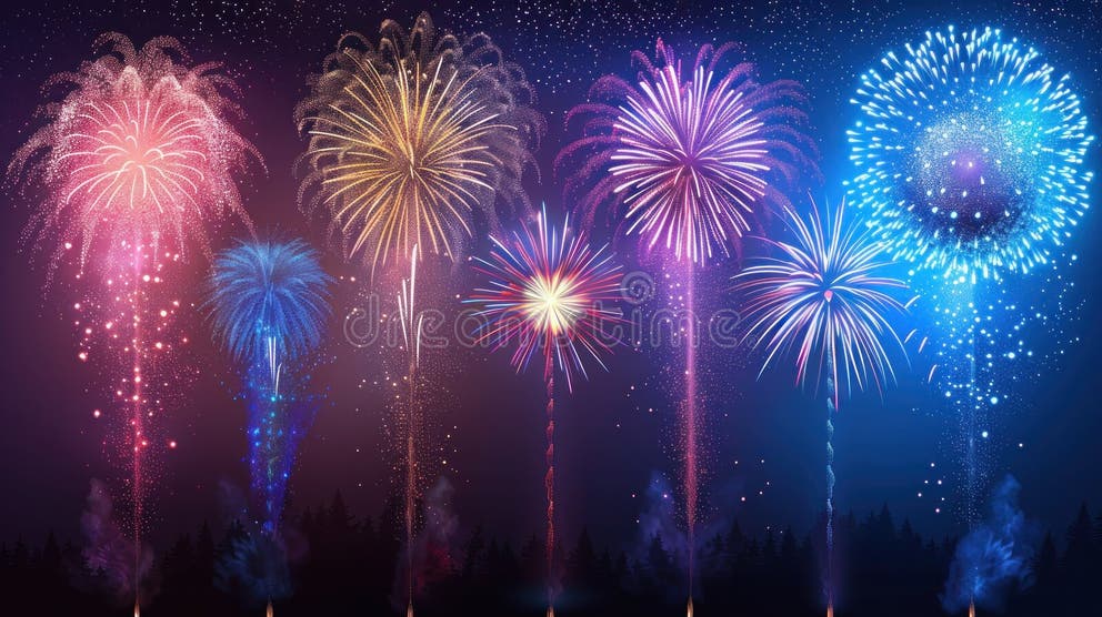 Colorful Vector Fireworks Set on Black Background - Eight Isolated ...