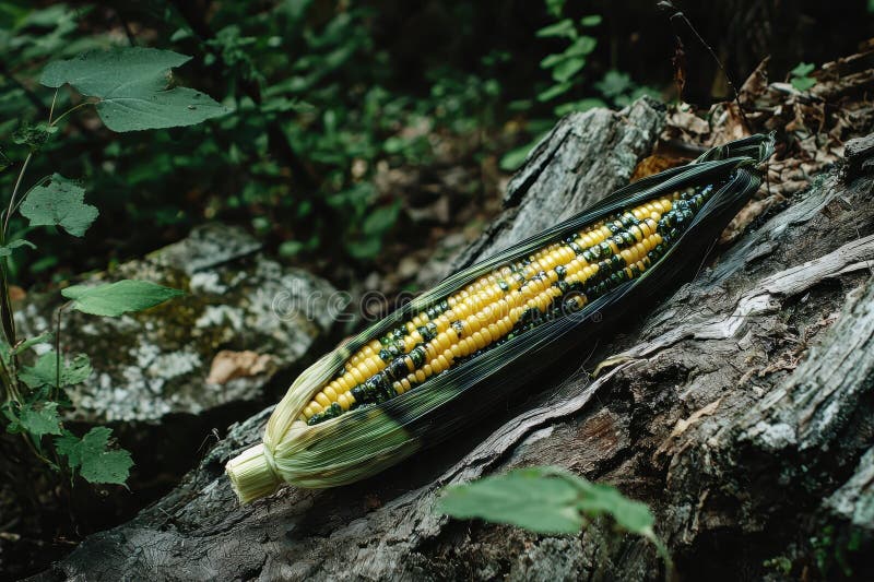 Vibrant Ear of Corn Resting on a Textured Log Surrounded by Lush ...