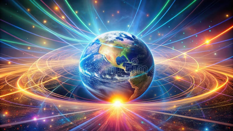 A Vibrant Earth Illuminated by Celestial Energy Streams and a Radiant ...