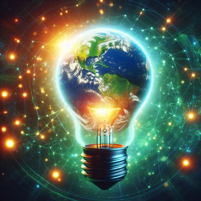 Vibrant Earth Inside a Lightbulb, Surrounded by a Network of Glowing ...