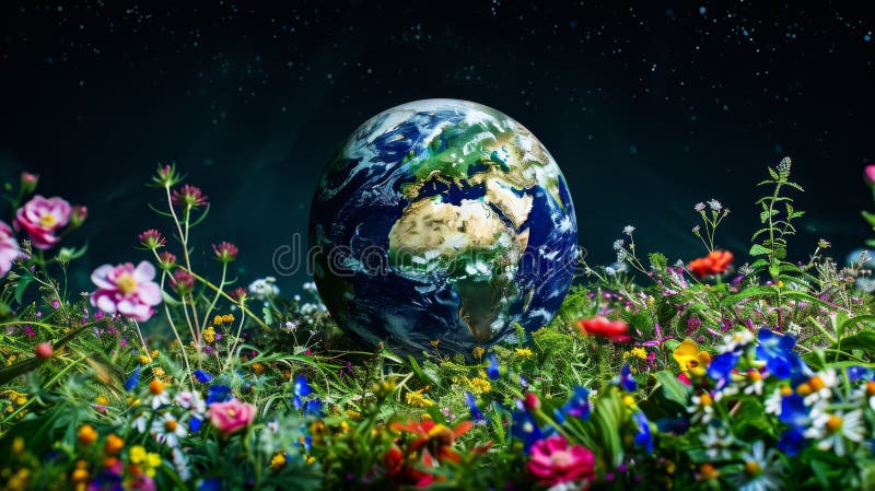 Vibrant Earth Surrounded by Blooming Flowers Under Starry Sky Stock ...