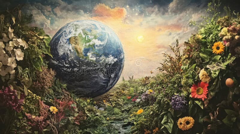 Vibrant Earth Surrounded by a Lush Garden at Sunrise Stock Illustration ...
