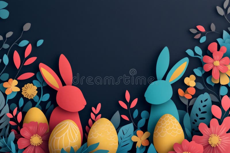 Vibrant Easter Card Design Featuring Neon Bunny Silhouettes and Floral ...