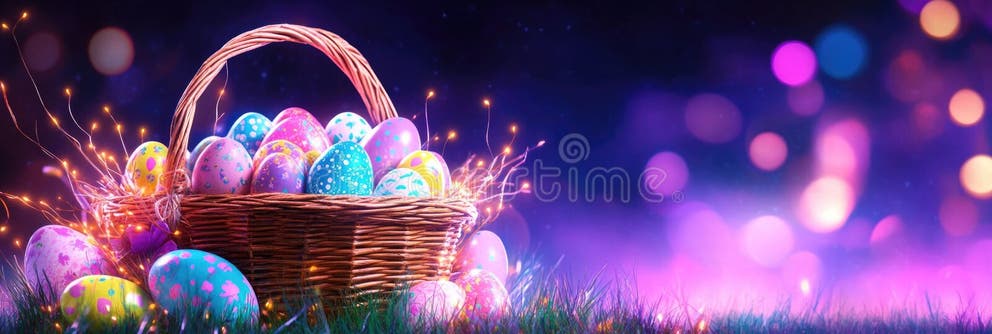 Vibrant Easter Egg Basket with Sparkling Lights in a Mystical Night ...