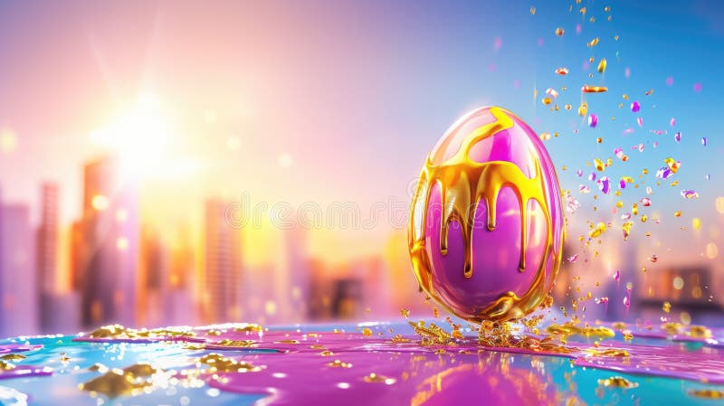 Vibrant Easter Egg with Golden Paint Splash in Urban Sunset Setting ...