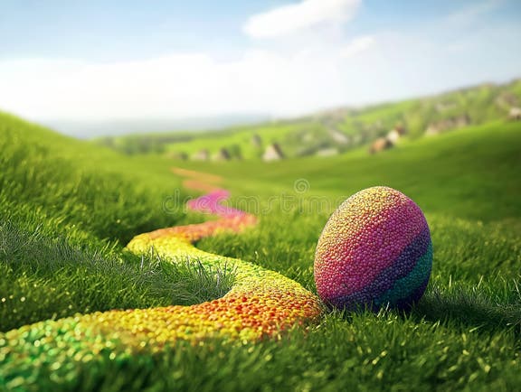 Colorful Easter Egg on Grassy Hill, Rainbow Path, Springtime Scene ...