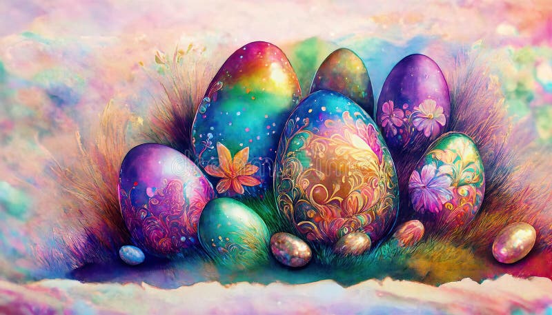 Bright Iridescent Easter Eggs with Intricate Patterns Resting on a ...
