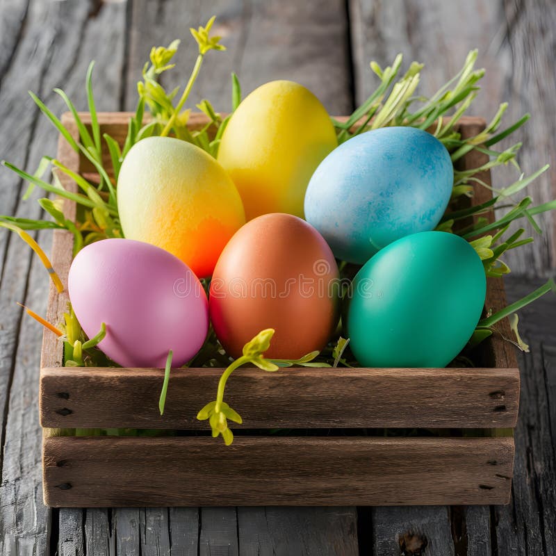 Vibrant Easter Eggs Displayed in a Charming Rustic Wooden Crate Stock ...