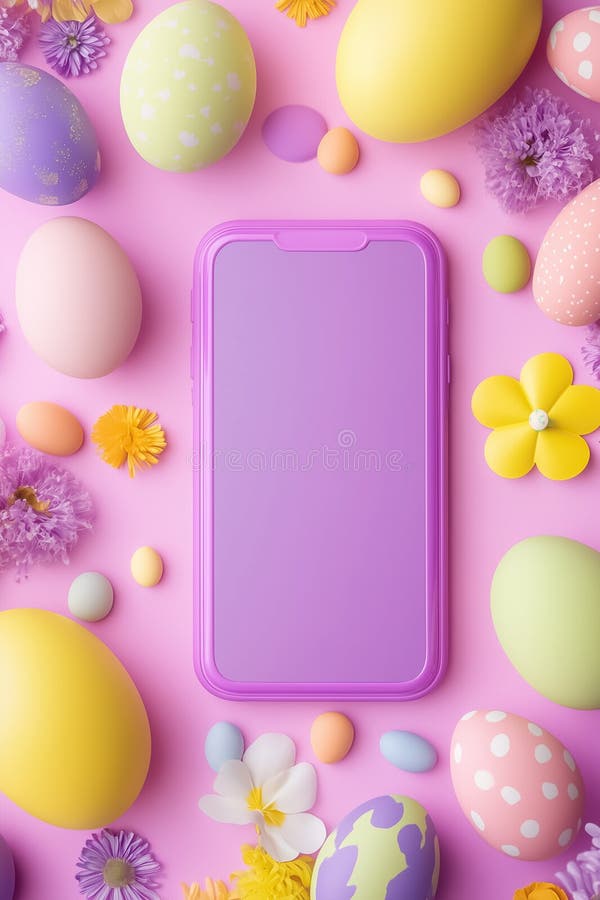 Vibrant Easter Eggs and Flowers Encircle a Smartphone on a Cheerful ...