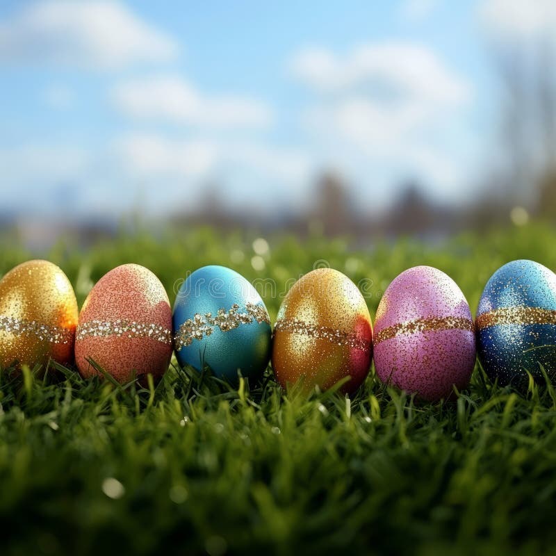 Vibrant Easter Eggs on Green Grass with a Clear Blue Sky. Stock Photo ...