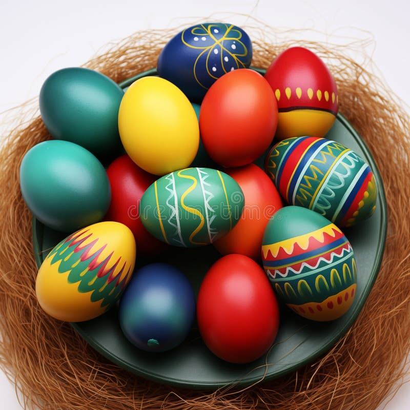 Vibrant Easter Eggs on Green Plate Stock Photo - Image of intricately ...