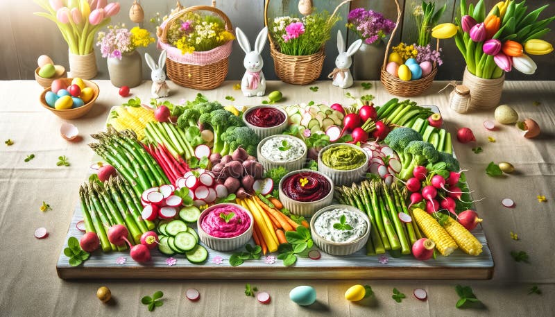 Vibrant Easter Feast of Fresh Vegetables and Dips Stock Image - Image ...