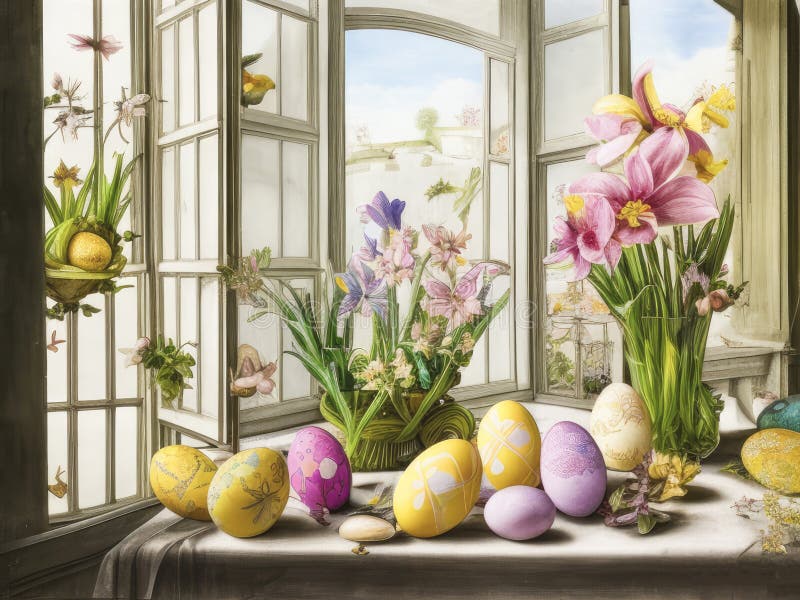 Vibrant Easter Scene with a Delightful Display of Pastel-colored Easter ...