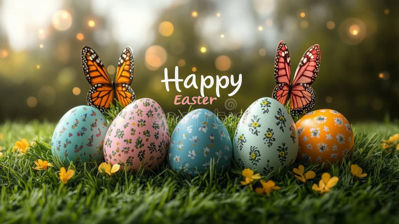 Vibrant Easter Scene Featuring Colorful Eggs and Joyful Butterflies ...