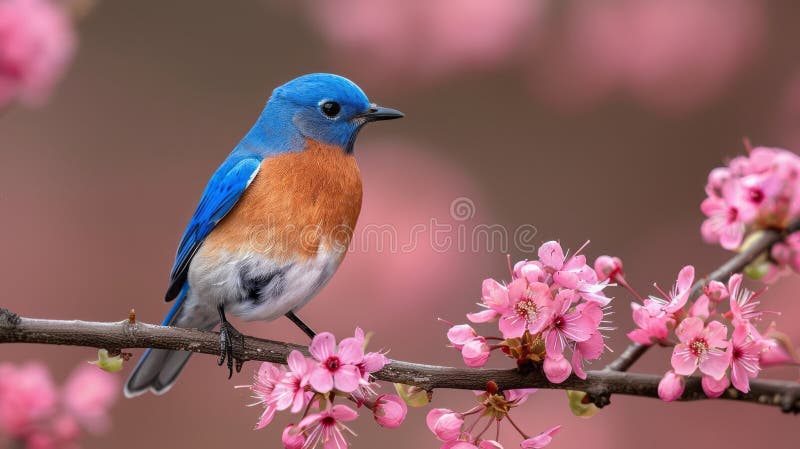 A Vibrant Eastern Bluebird Perches Gracefully on a Blooming Eastern ...