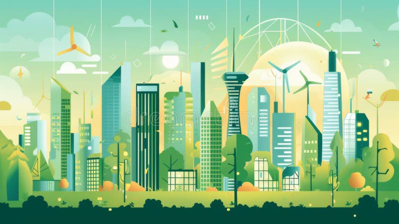 Vibrant Eco-Friendly Cityscape with Renewable Energy Illustration Stock ...