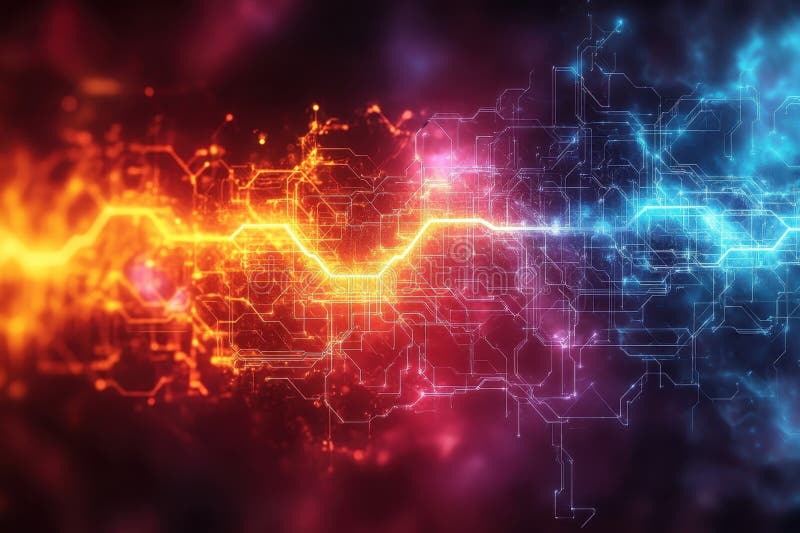 A Vibrant Electrical Circuit Glowing with Orange and Blue Lines on a ...
