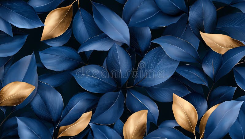 A Vibrant and Elegant Pattern Featuring Dark Navy Leaves with Golden ...