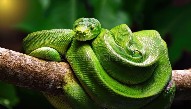 Vibrant Emerald Python Amidst Lush Tropical Rainforest, Majestically ...
