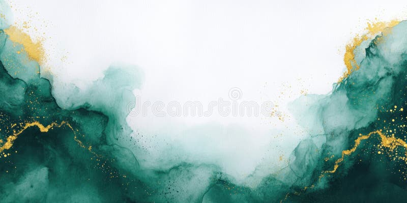 Vibrant Emerald Watercolor Art with Gold Highlights for Creative Design ...