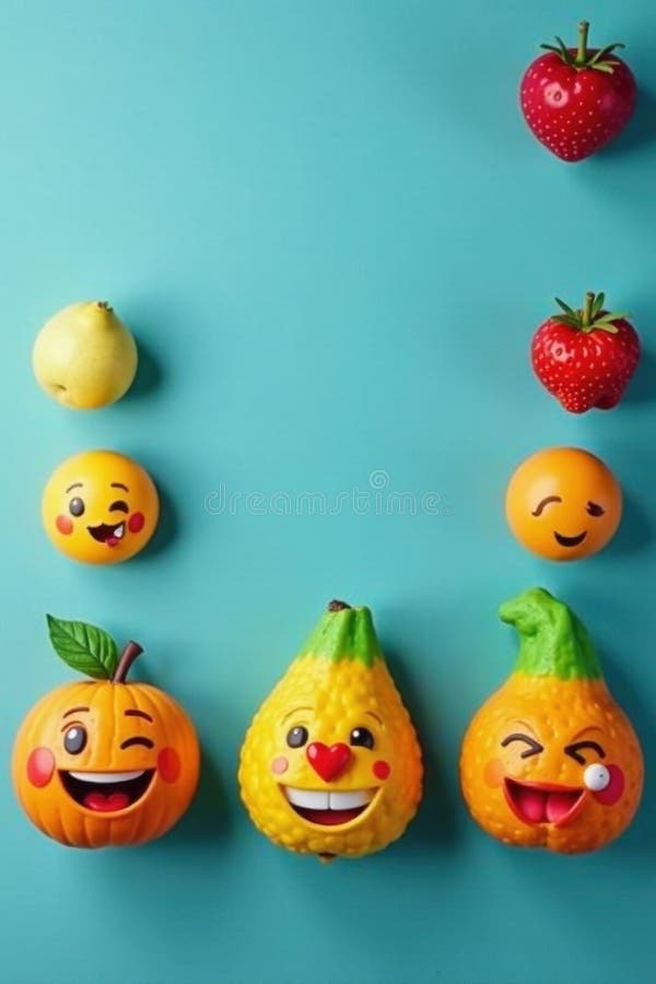 Vibrant Emojis Assorted Fruits on a Blue Backdrop , Positive, Cheerful ...