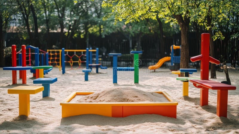 Vibrant Empty Playground Sandbox Balance Beam and Play Structures in a ...