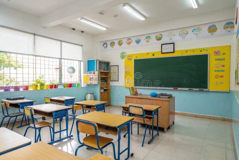Empty School Classroom with Teacher S Desk and Blackboard Stock ...