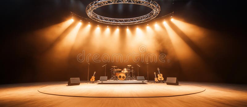 Vibrant Empty Stage Illuminated by Warm Lights Featuring Musical ...