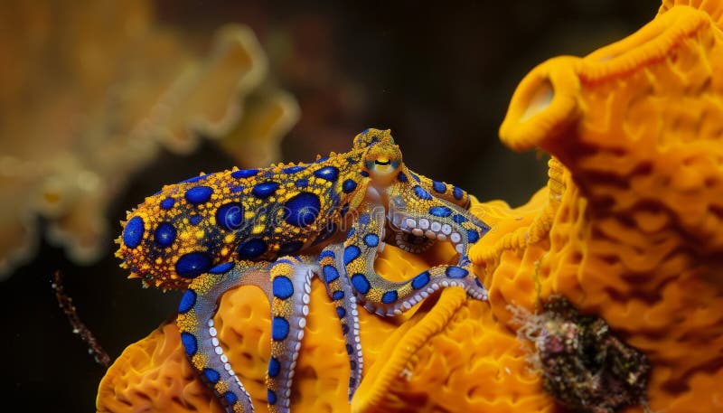 Vibrant Encounter: Blue Ringed Octopus Perched on Orange Sponge Stock ...